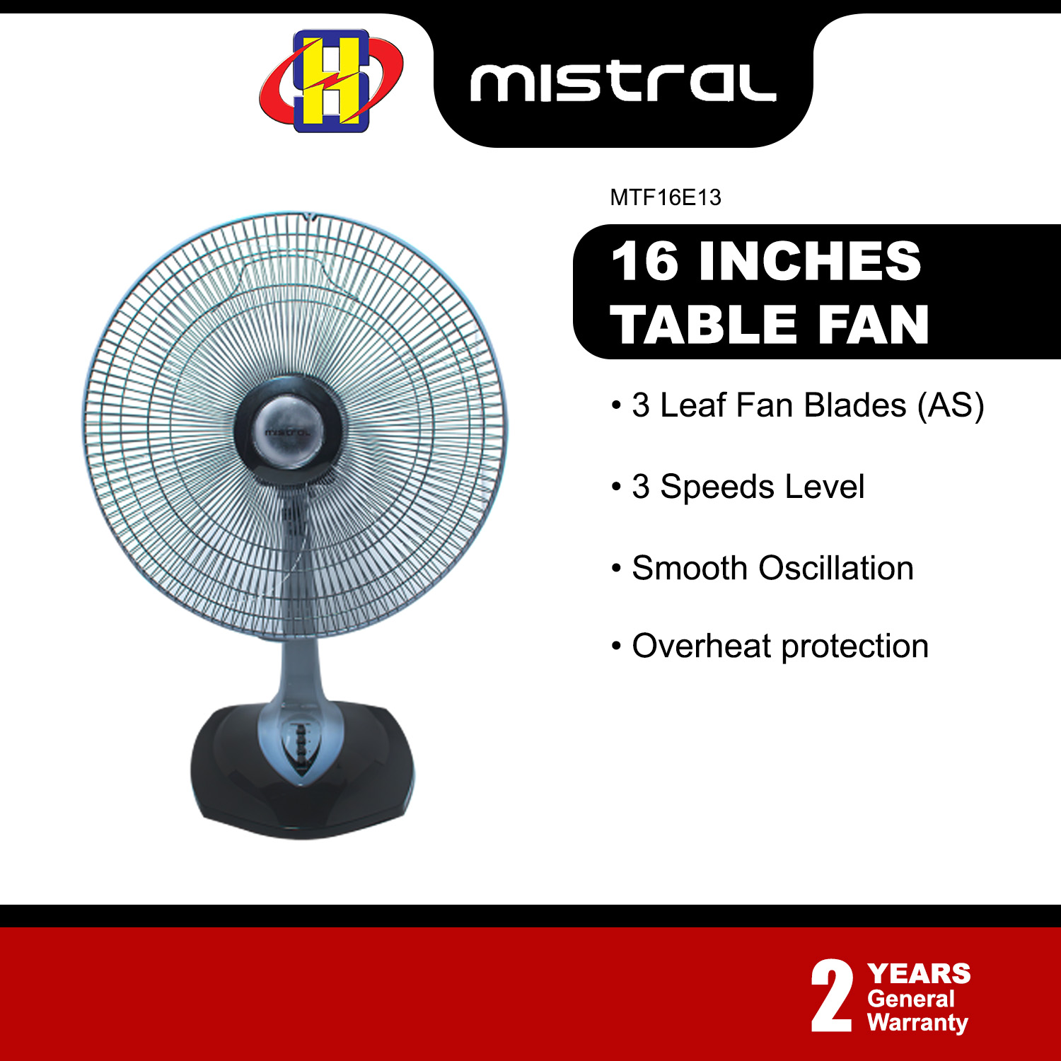 Mistral Table Fan (12 & 16 Inch) 3 Speed Setting Smooth Oscillation ...