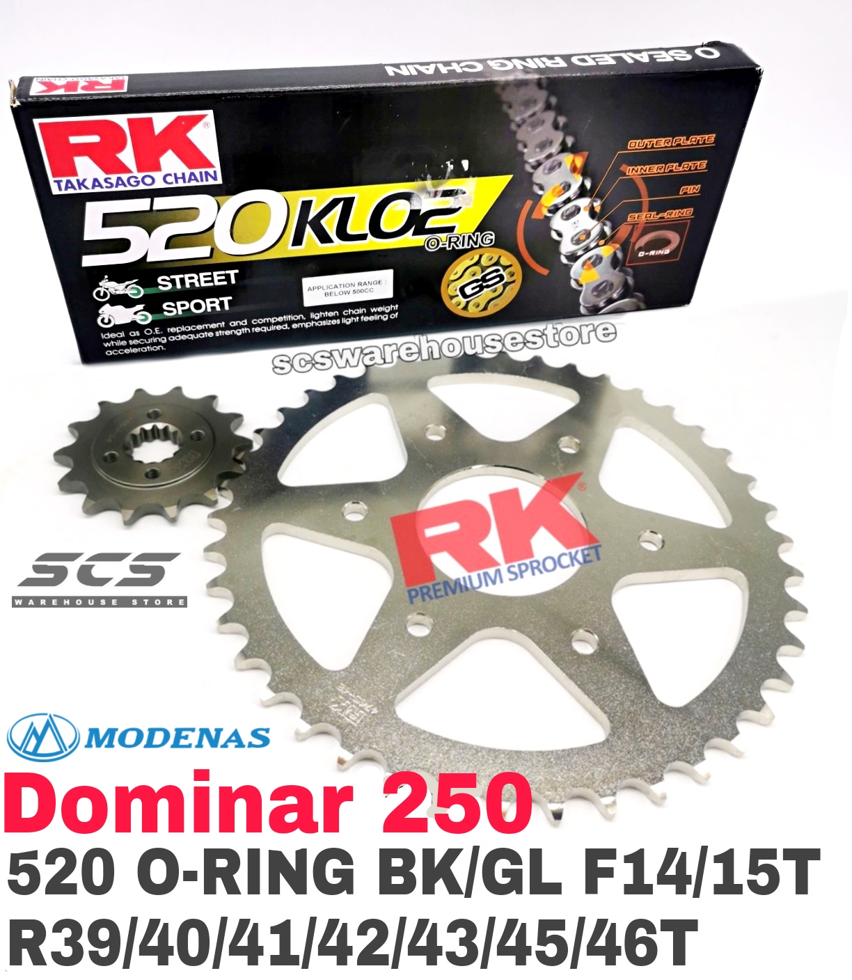 RK Sprocket Set Modenas Dominar250 520 KLO2 O-Ring Rivet Gold Chain 14/15T-39/40/41/42/43/45/46T ...