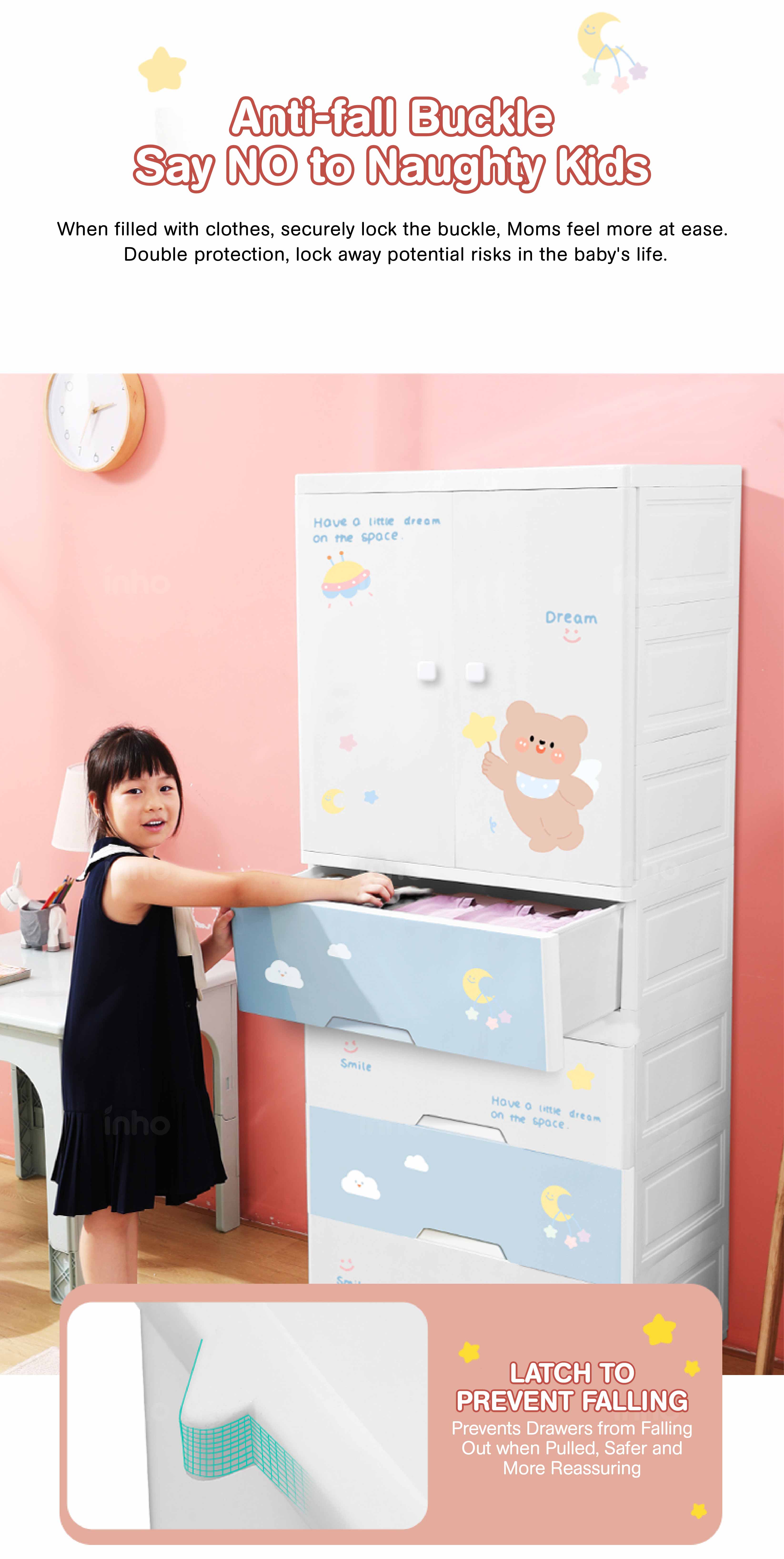 INHO L65cm Cute Cartoon Kids Wardrobe Clothes Cabinet With Lock ...