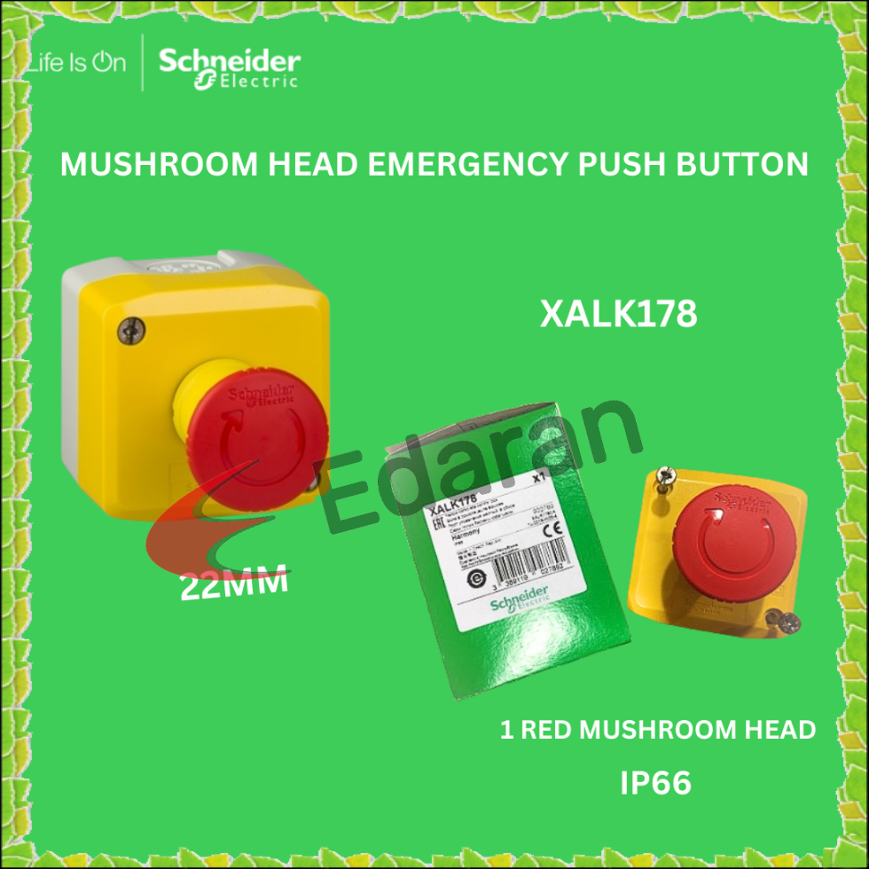 SCHNEIDER XALK178 22MM 1 RED MUSHROOM HEAD EMERGENCY PUSH BUTTON - IP66 ...