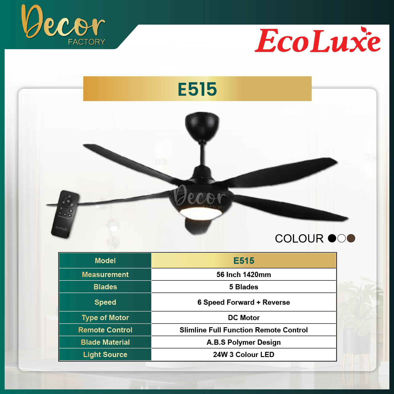 ECOLUXE Fan E515 56'' E512 Baby Fan 5 Blades 6 Speed Remote Control DC ...