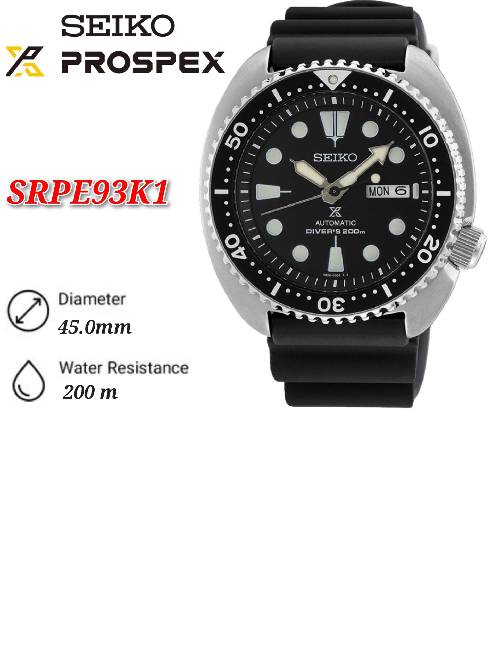 Seiko SRPE93K1 Prospex Turtle Automatic Diver's 200M Black Dial Black Silicone Men's Watch (Old ...