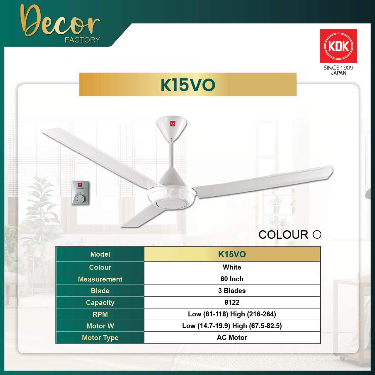 KDK K15VO 60'' 3 Blades AC Motor With 5 Speed Regulator Control White ...