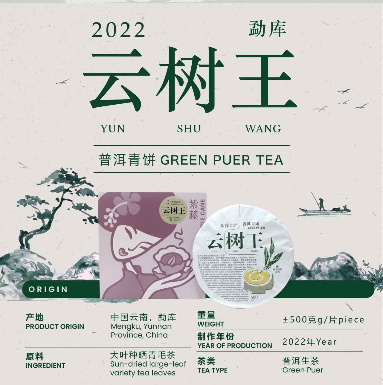 Purple Cane Yun Shu Wang Green Puer Tea Year 2022 Mengku 紫藤云树王 普洱青饼 2022年 勐库 (±500g) | Shopee ...