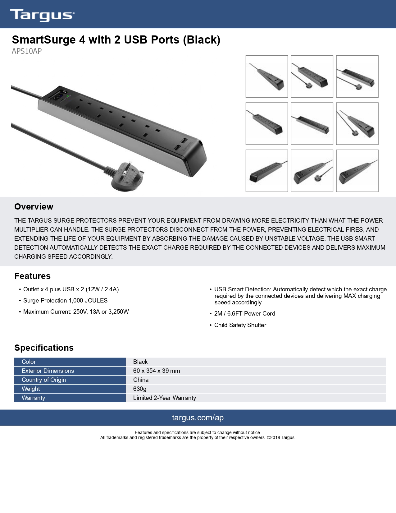 TARGUS APS10AP-70 APS11AP-70 Surge Protector with 4 / 6 Surge, 4 USB ...
