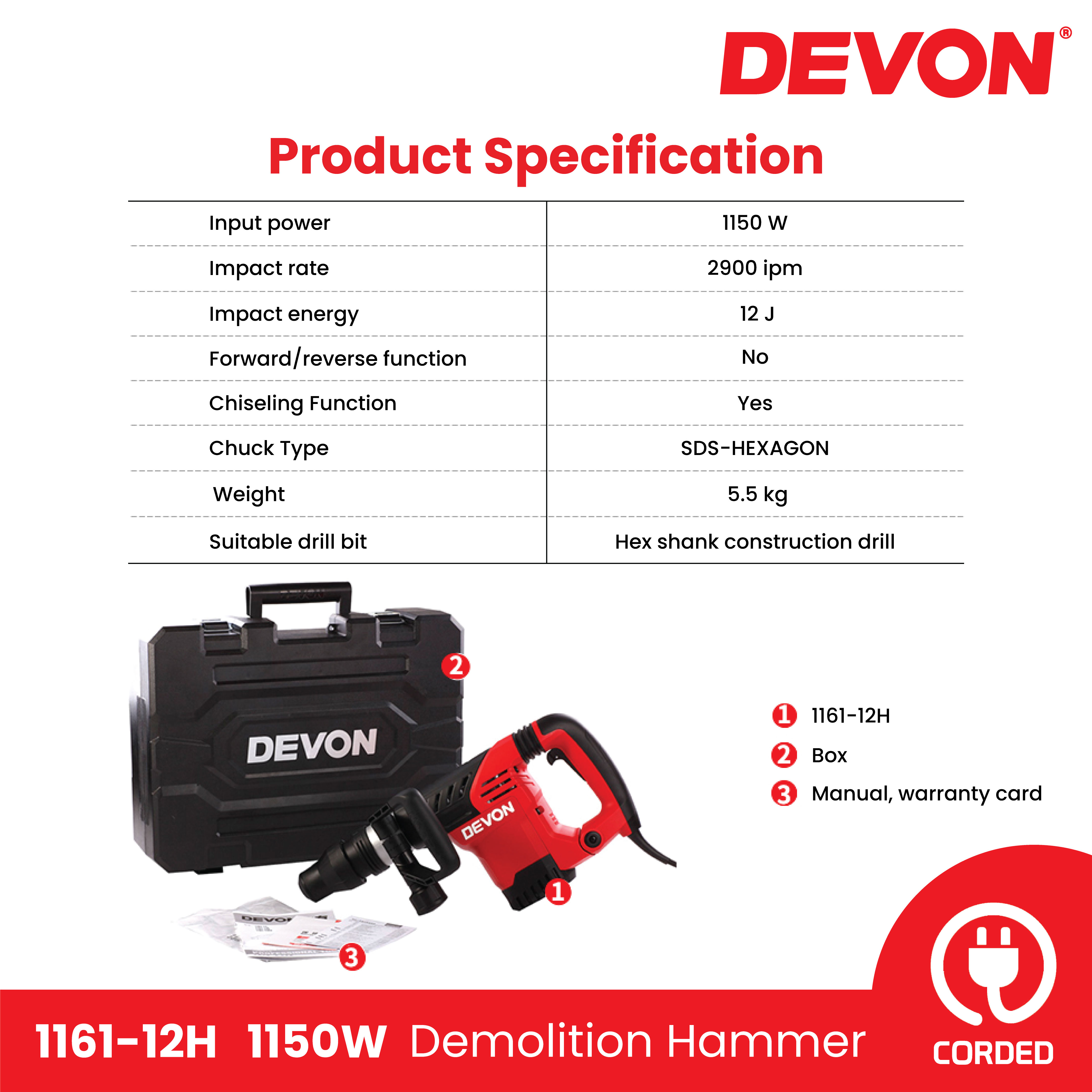 DEVON 1161-12H 1150W Demolition Hammer 5KG | Shopee Malaysia