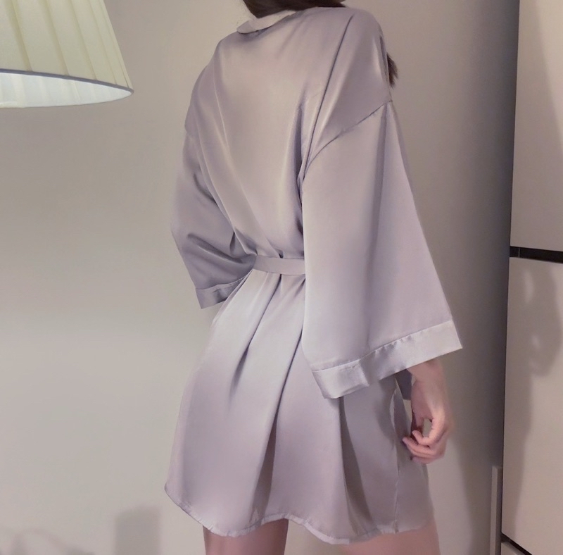 Ice Silk NightRobe Long Sleeve V Neck Nightdress Robe With Belt Women's ...