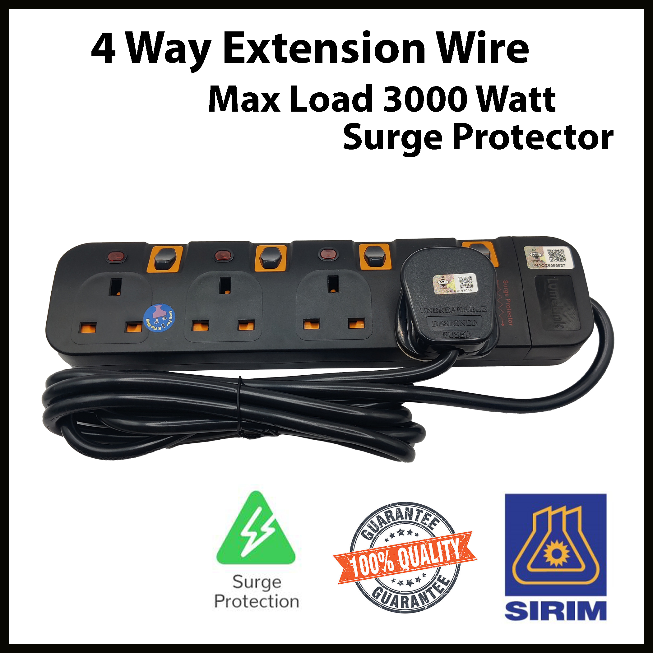 Sirim Black Series 3 4 5 Way Surge Protector Black Portable Extension Socket Trailing Socket