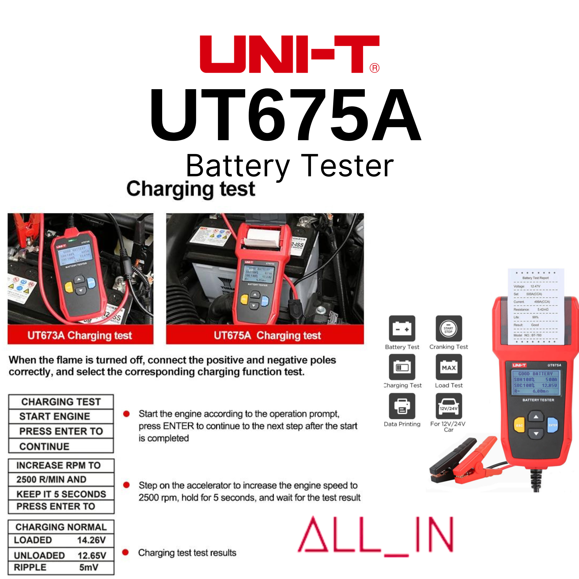 UNI-T UT675A / UT673A Battery Tester 24V 12V Volt Automotive Load ...