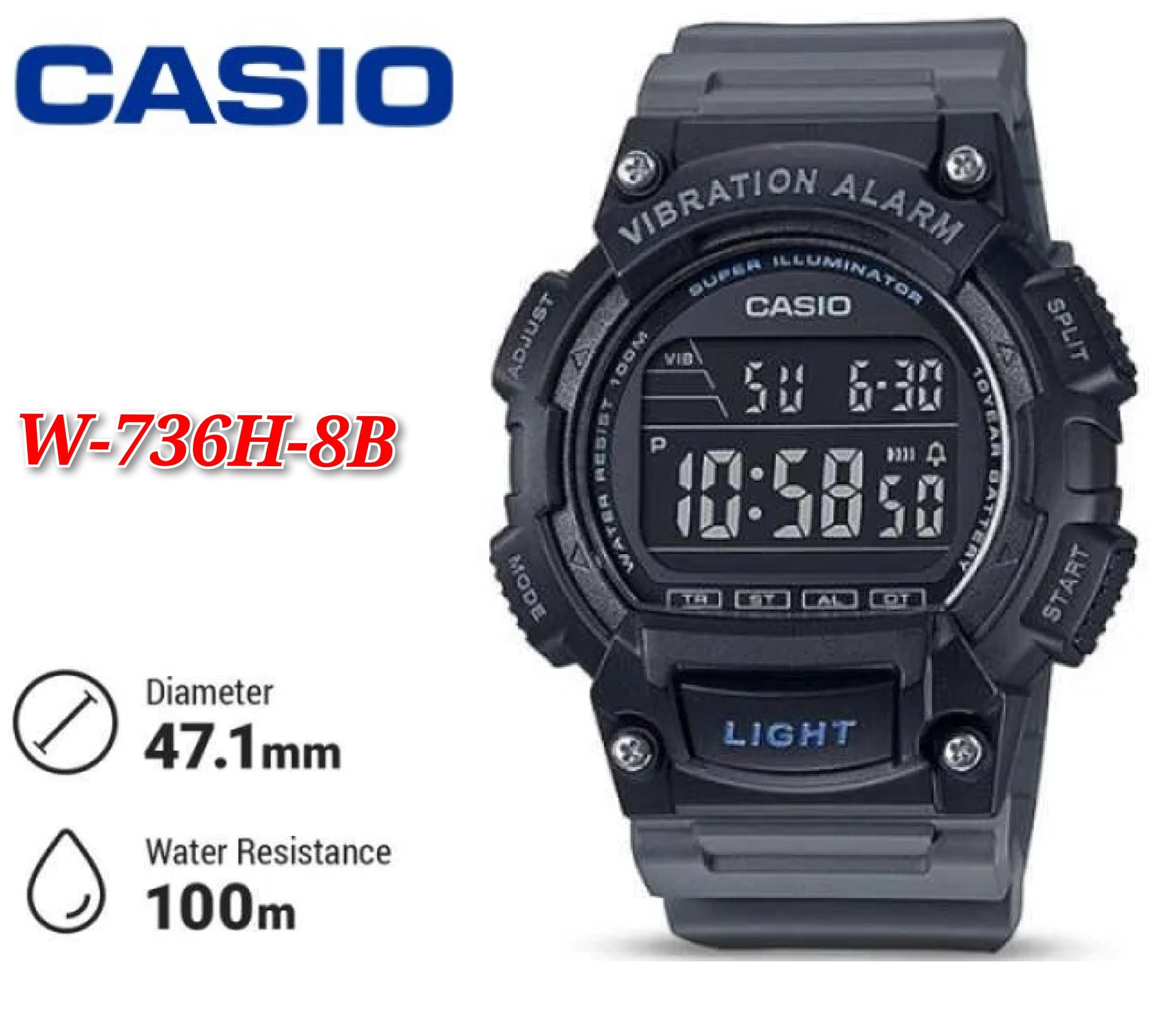 Casio W-736H Super Illuminator Vibration Alarm 10 Year Battery Matte ...