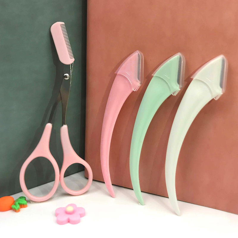 𝟮 𝗜𝗡 𝟭 》Eyebrow Trimming Kit Stainless Steel Scissors Trimmer Razor ...