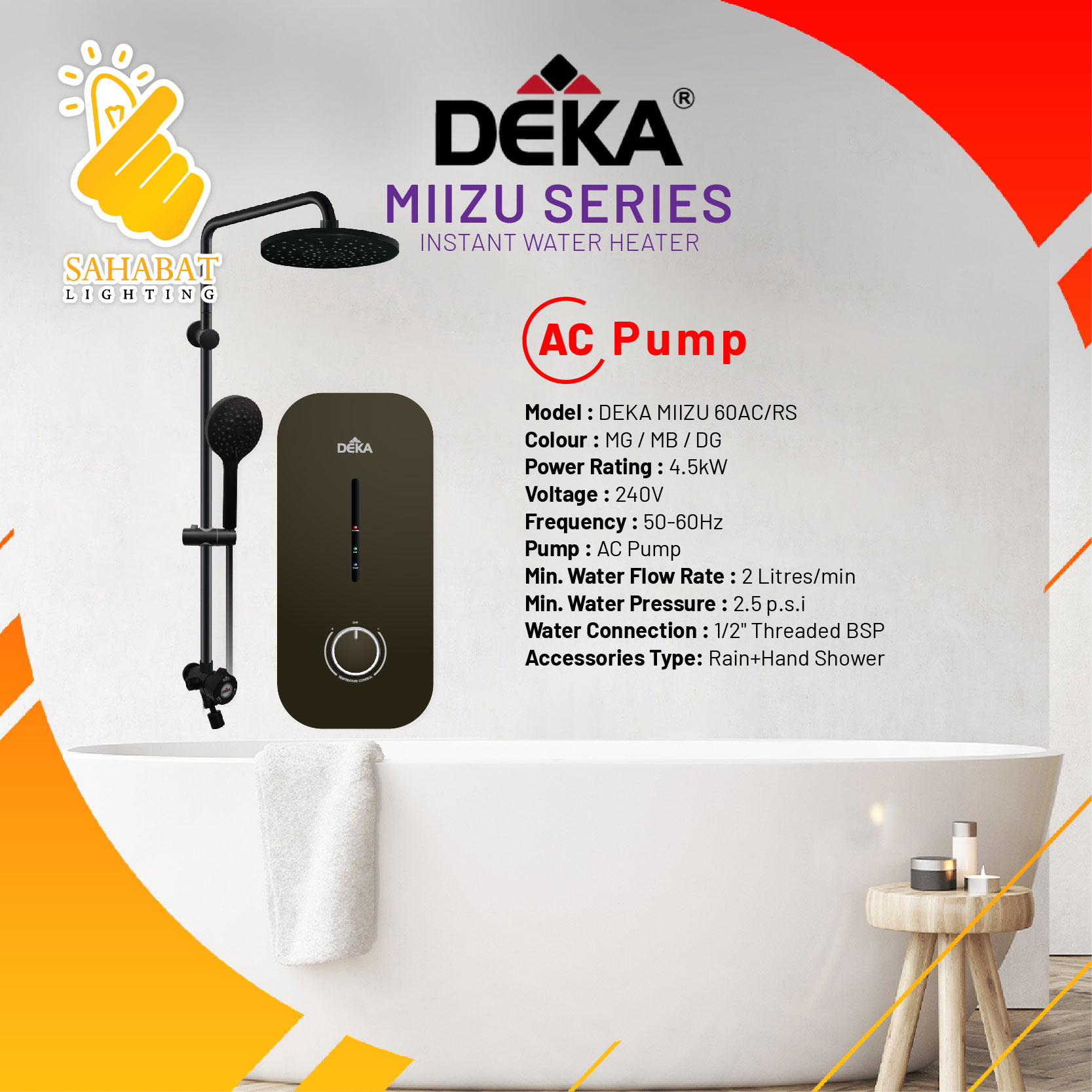 DEKA MIIZU 90DC Booster Pump / 60AC Pump / 30N Non-Pump Rainshower ...