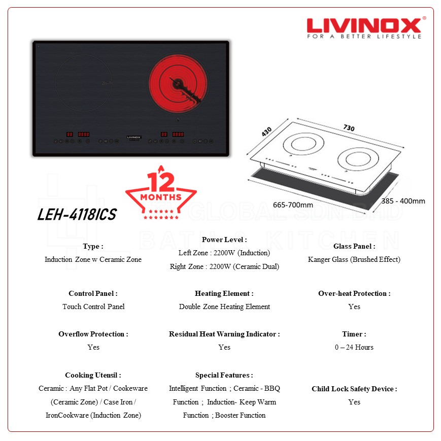 LIVINOX Built-in Electrical Hob Cooker 2 Burner Ceramic / Induction ...