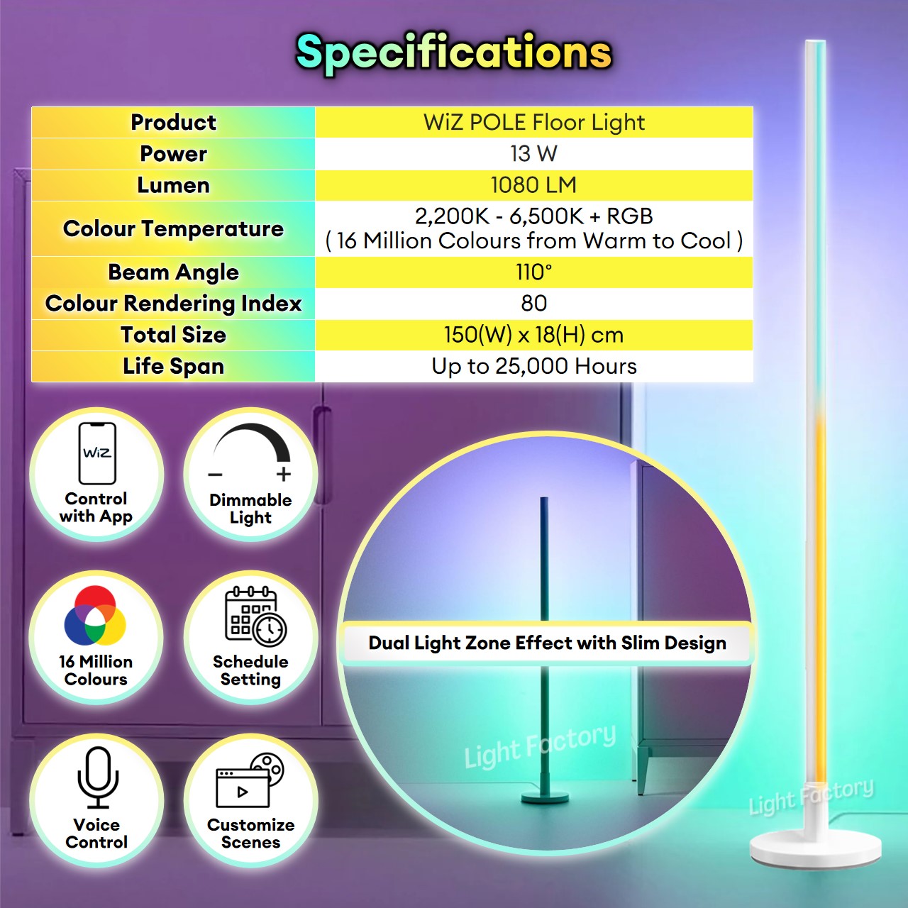 Philips Wiz Pole Floor Light Rgb Multicolour 3 Colour Led Decorative