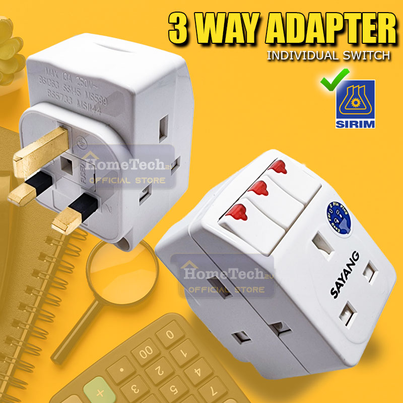 SAYANG 3 Way Adaptor Adapter With Individual Neon Switch Safety 13A ...