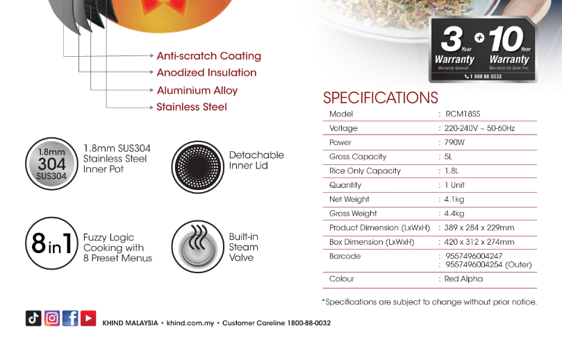 Tefal Easy Rice Cooker RK7321 1.8L ( 10 Cups ) / Khind 1.8L RCM18SS ...