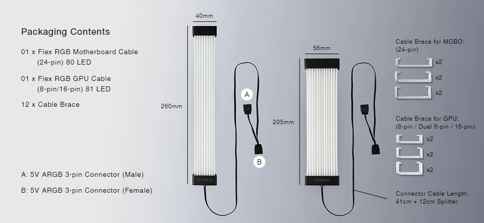 Tecware Flex ARGB Extension Cables RGB BLACK WHITE TWAC-FLEX-WHAR TWAC ...