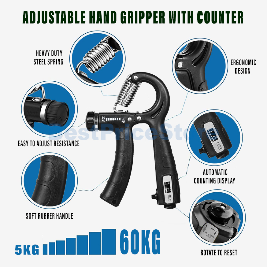 BPS 5in1 Hand Grip with Counter 5-60KG Adjustable Hand Finger Exerciser ...