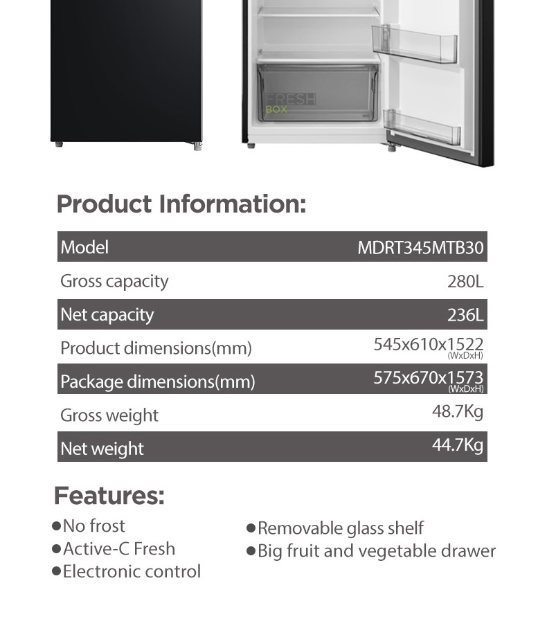 Midea MDRT345MTB30 Gross 280L 2 Doors Refrigerator / Fridge / Peti ...