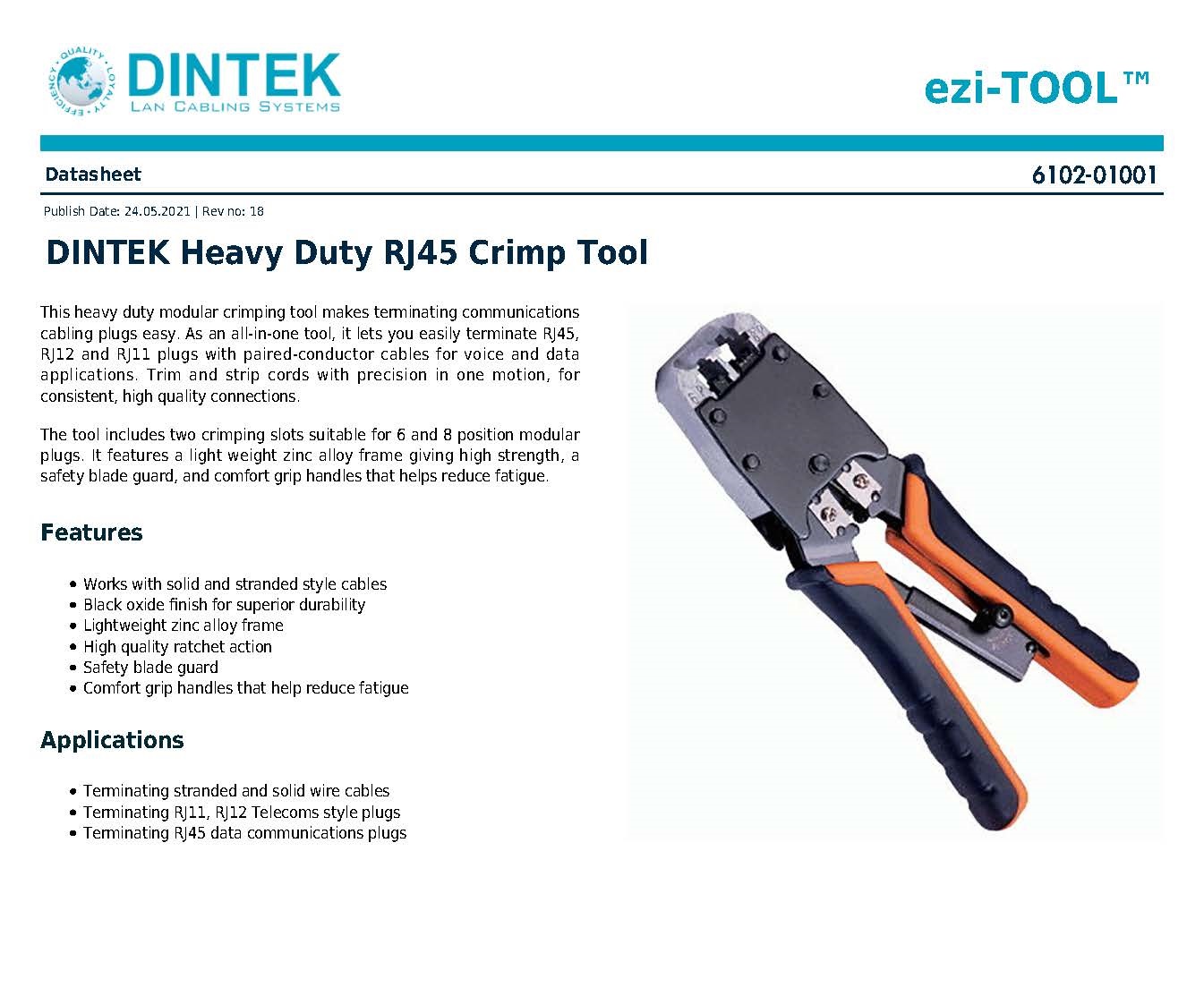 Dintek Heavy Duty Crimping Tool for 6P / 8P type RJ45 w/Ratchet Handle : Orange blister c/w ...