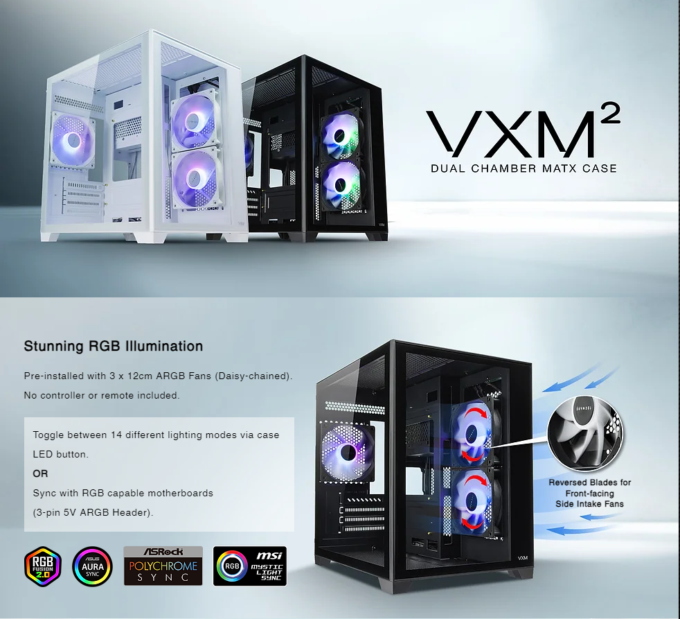 Tecware VXM2 Dual Chamber ARGB MATX Gaming Case - Black / WHITE WITH ...