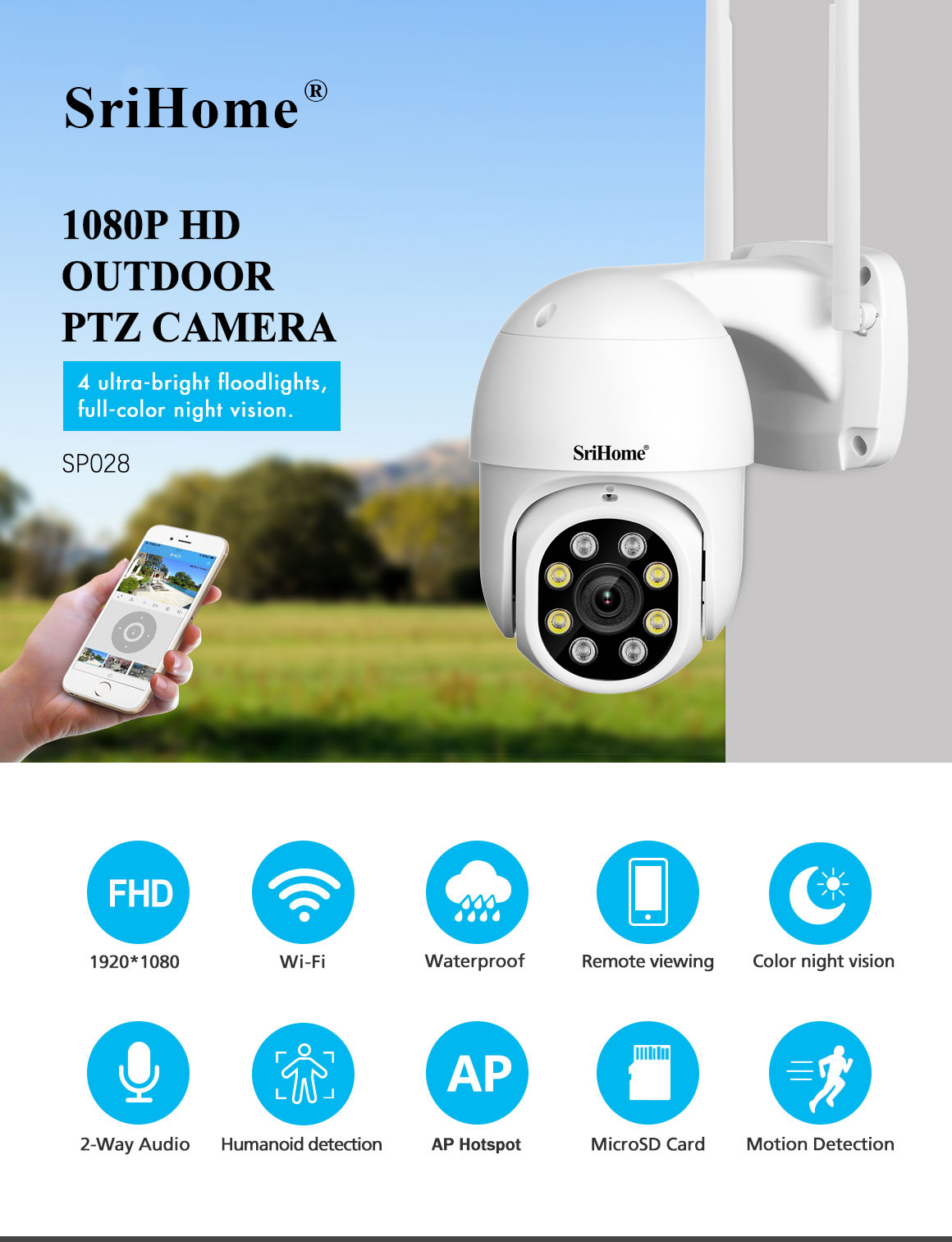 SriHome SP028 Camera WiFi CCTV 1080P FHD 360° IP Security Cam ...