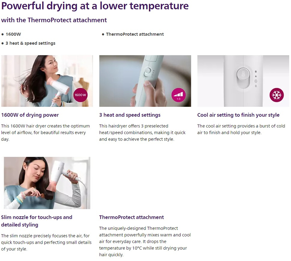 Philips BHD300 1600W Series 3000 ThermoProtect Attachment Hair Dryer | ESH | Shopee Malaysia