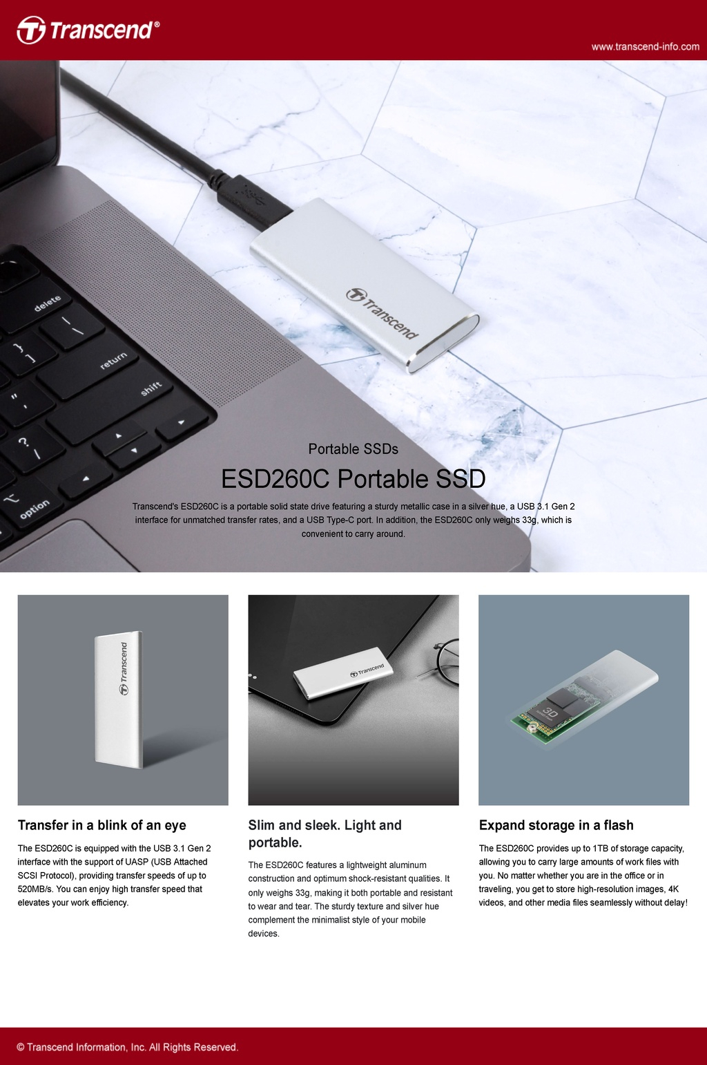 Transcend ESD260C External SSD 3D NAND Type-C (250GB/500GB/1TB ...