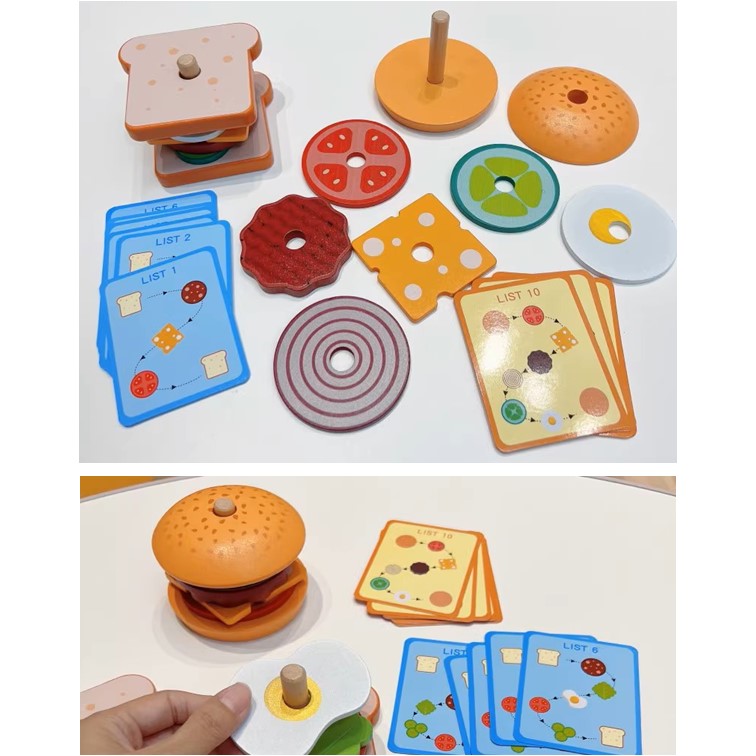 Stacking Burger Sandwich Toy Wooden Montessori Toy for kids Role Play ...