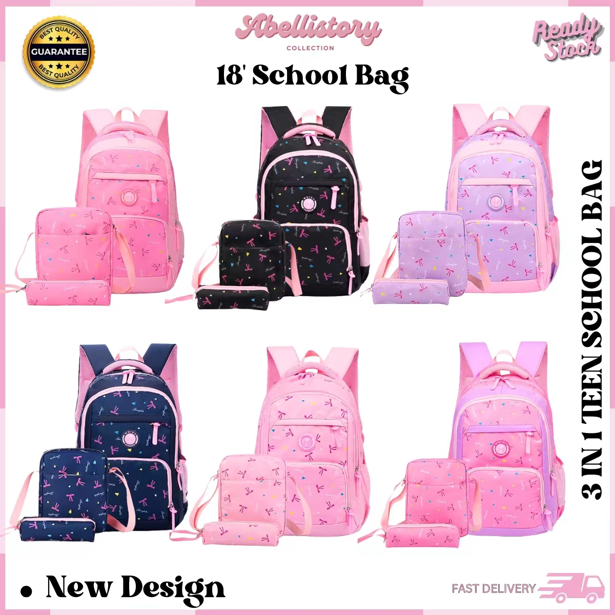 46cm 3 in 1 Teen Girls School Bag Black Purple Pink Blue Teenage Girl ...