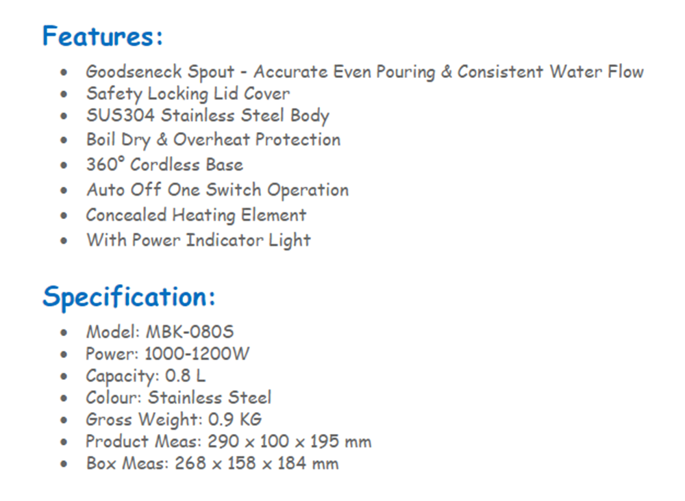 Milux MBK-080S 0.8L 1200W Brew Kettle (Stainless Steel) | ESH | Shopee Malaysia