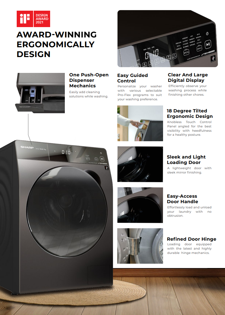 Sharp Front Load Washing Machine Inverter 10.5KG Direct Drive Washer ...