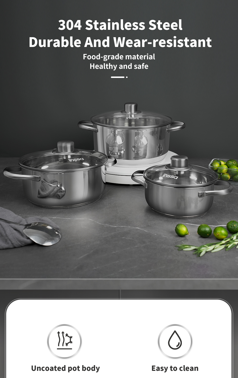 Simplus 304 Stainless Steel Pot Set (16cm/20cm/24cm x 3 Pcs) | Shopee Malaysia