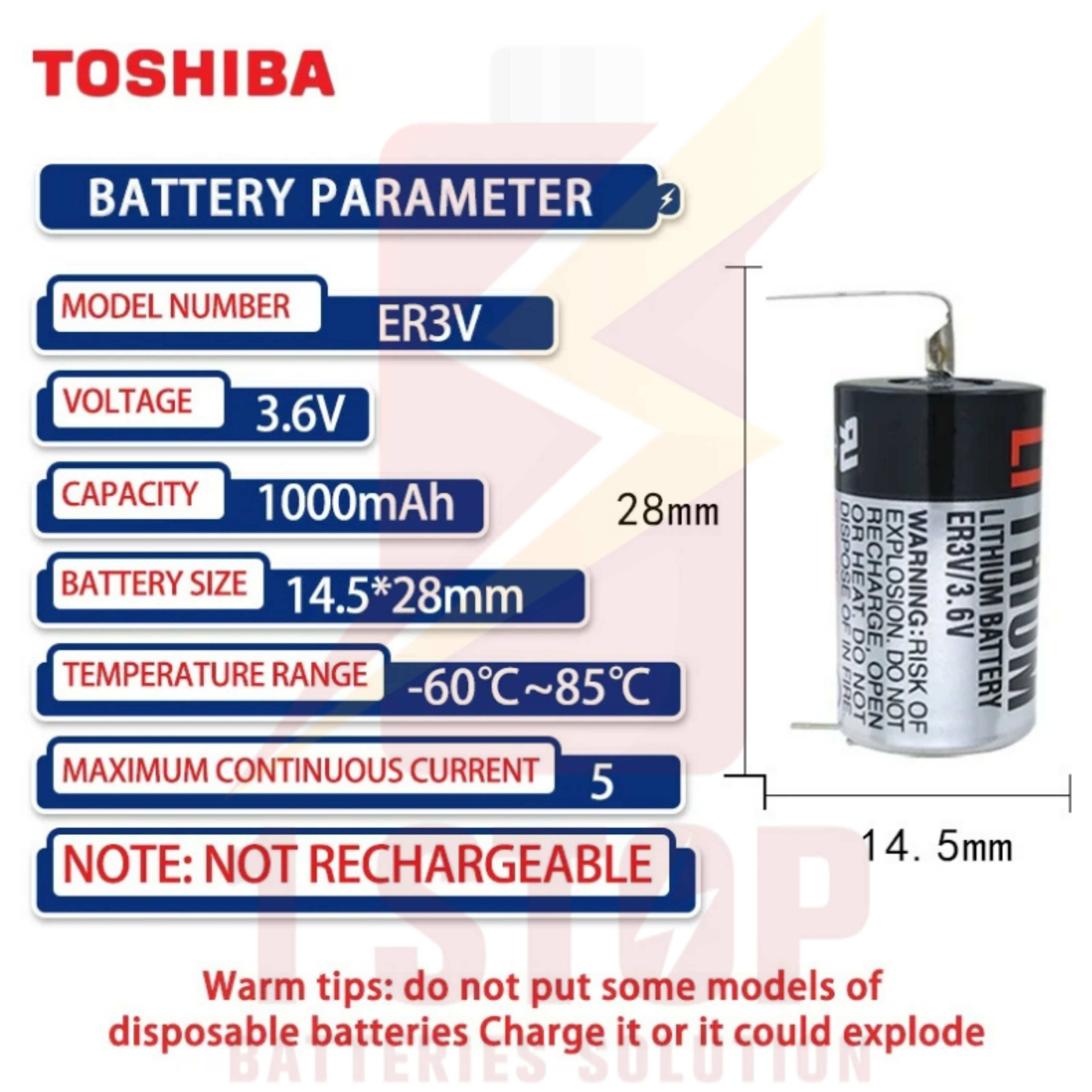 Original Toshiba ER3V 3.6V 1000mAh Lithium Batteries with Plug Connector, Solder Feet for CNC ...
