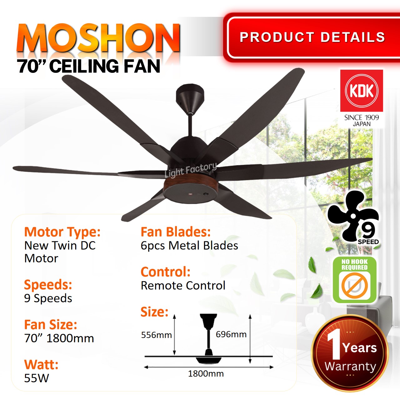KDK Moshon Series K18NY-RBR 70" 6 Blades DC Motor Ceiling Fan 9 Speeds ...