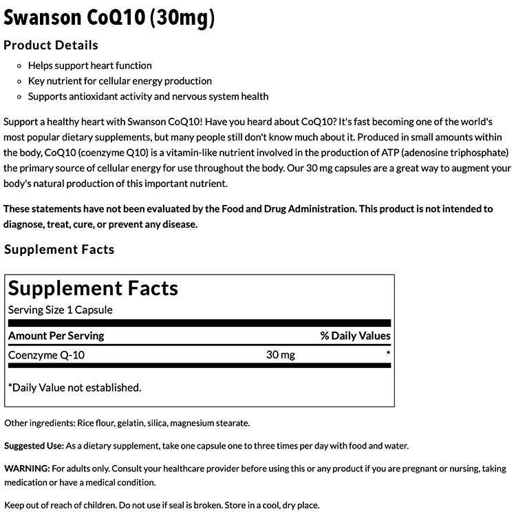 Swanson CoQ10 30mg/100mg, Softgels/Capsules Coenzyme Q10 support heart ...