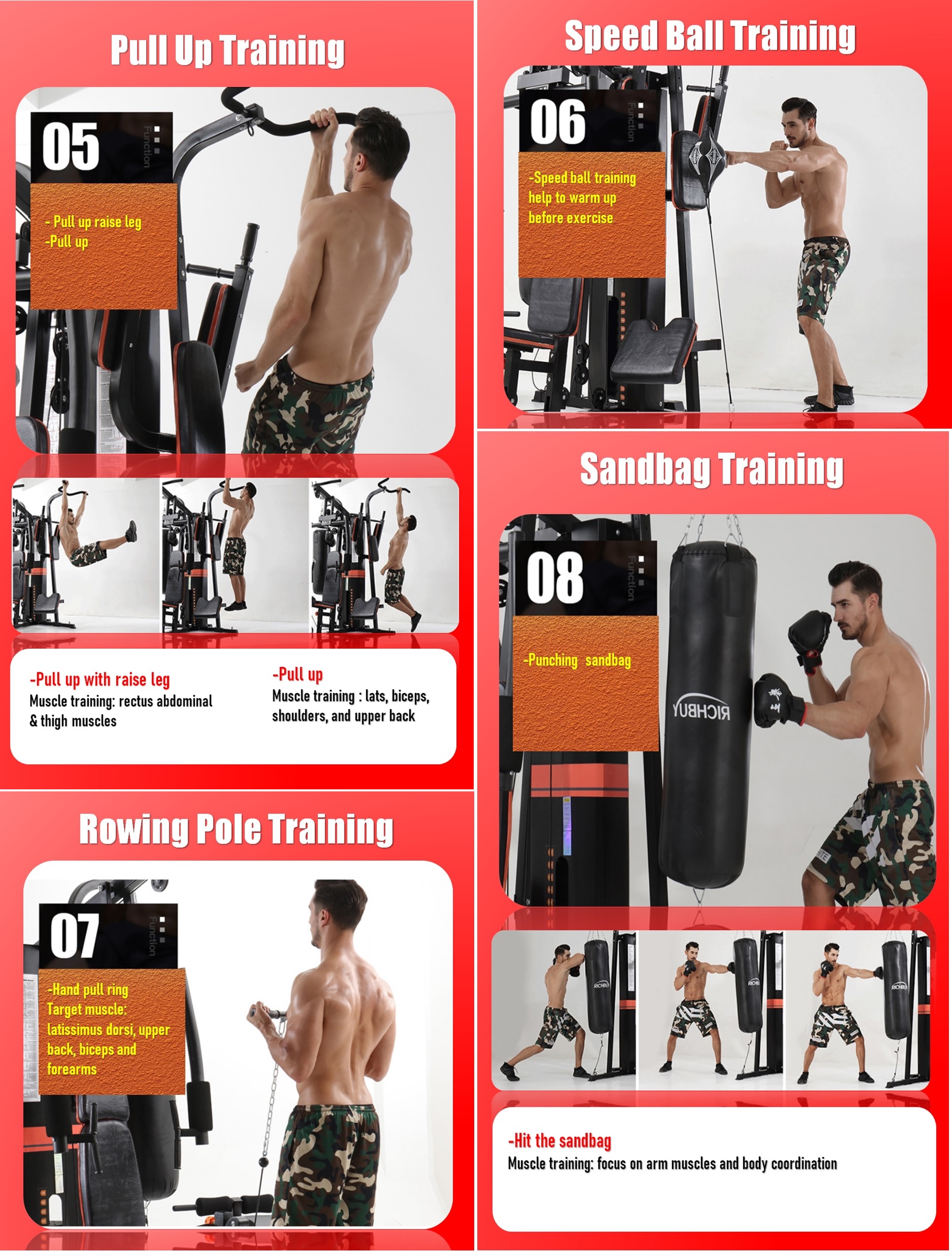 ADSPorts 806 ( 3 Station ) Gym MultiFunction Workout Station Boxing Bag, Pull Up Station, Power ...