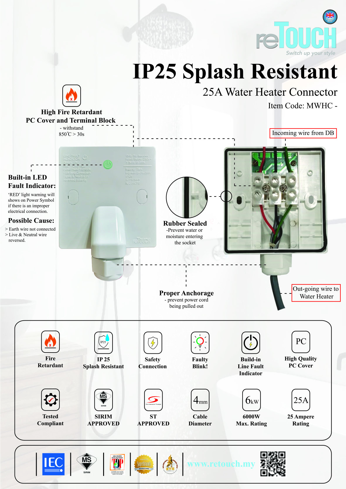 [SIRIM] reTouch 25A 6000W Water Heater Connector Socket IP25 Splash ...
