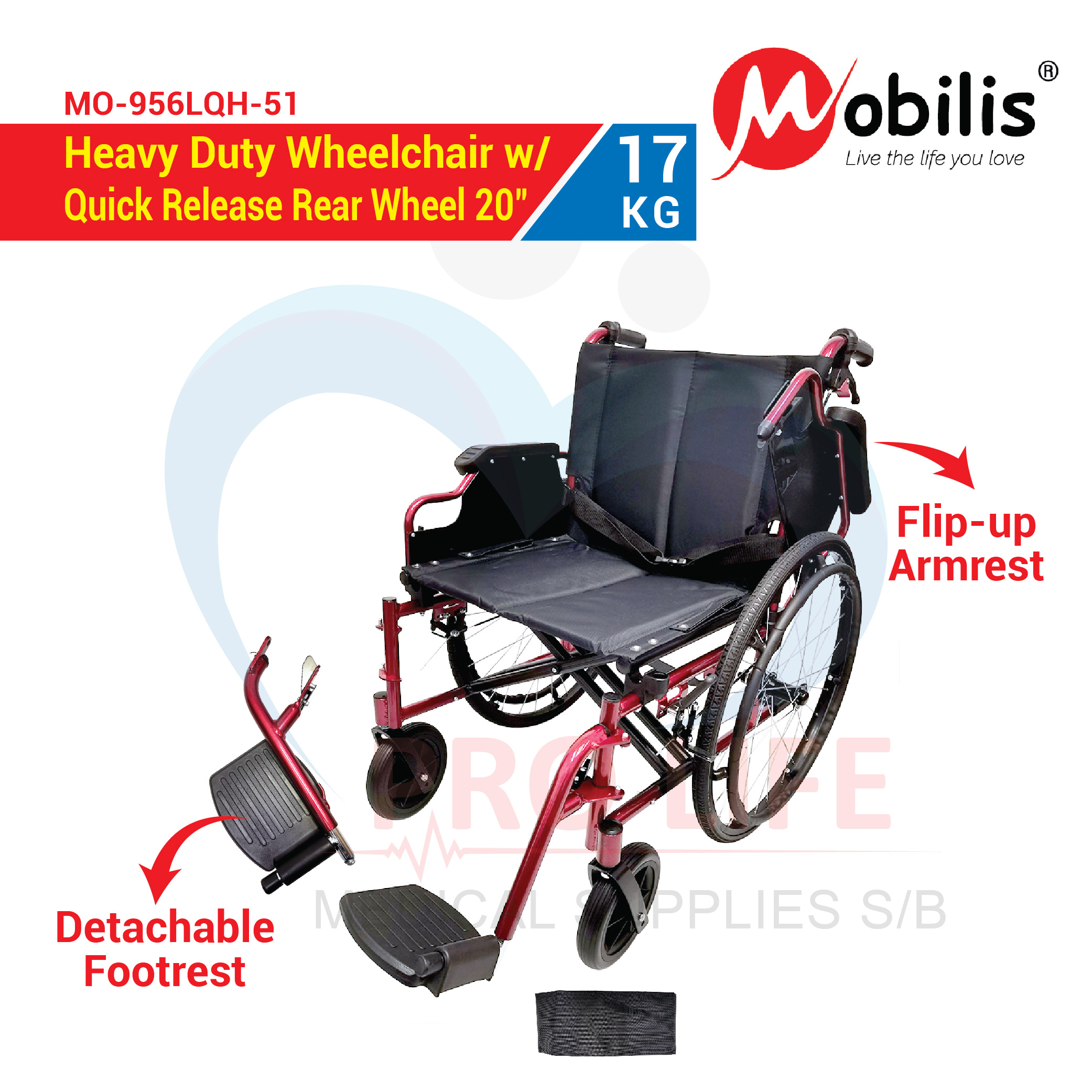 Mobilis Heavy Duty Wheelchair w/ Quick Release Rear Wheel 20"(MO-956LQH ...