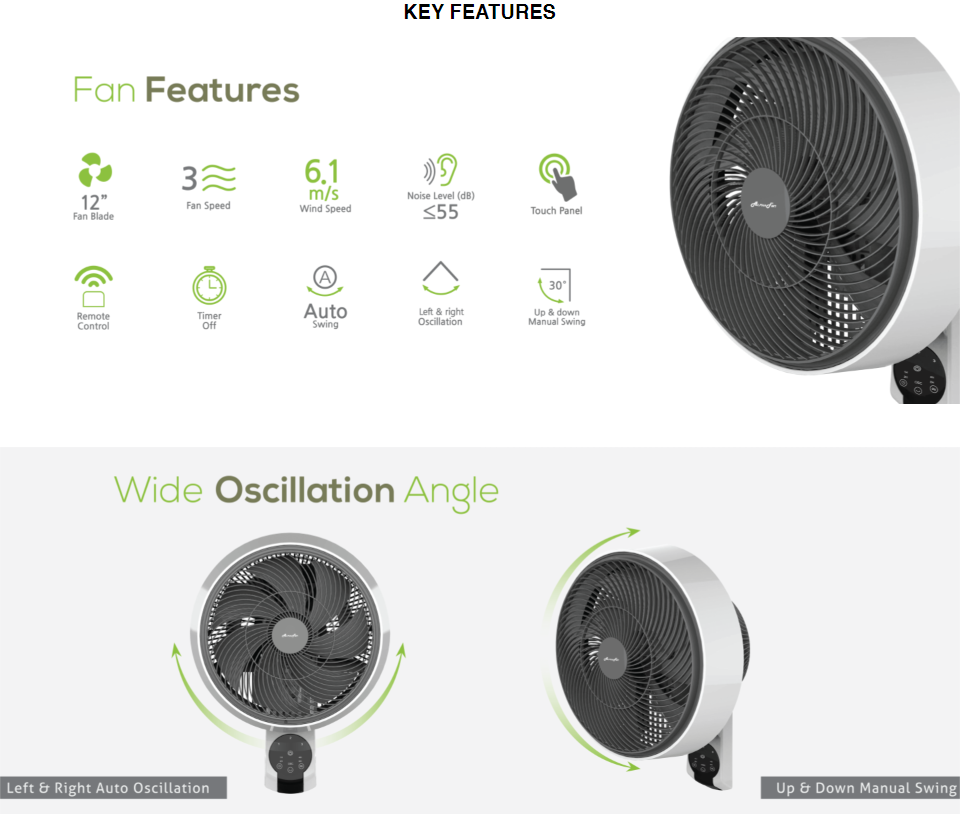 Alpha Motto Wall Fan 60 (White) / (Black) 7 Blades WF60 12" Max 65W 3 ...