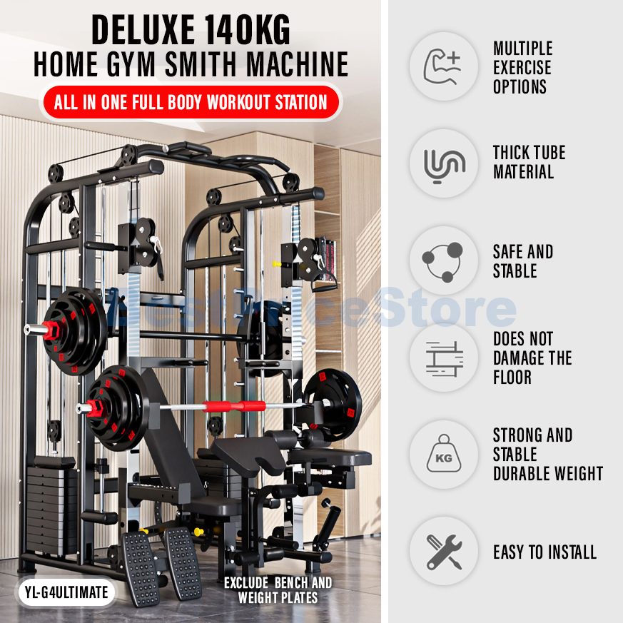 BPS Deluxe Smith Machine Squat Power Rack Station Home Gym Chest Cable ...