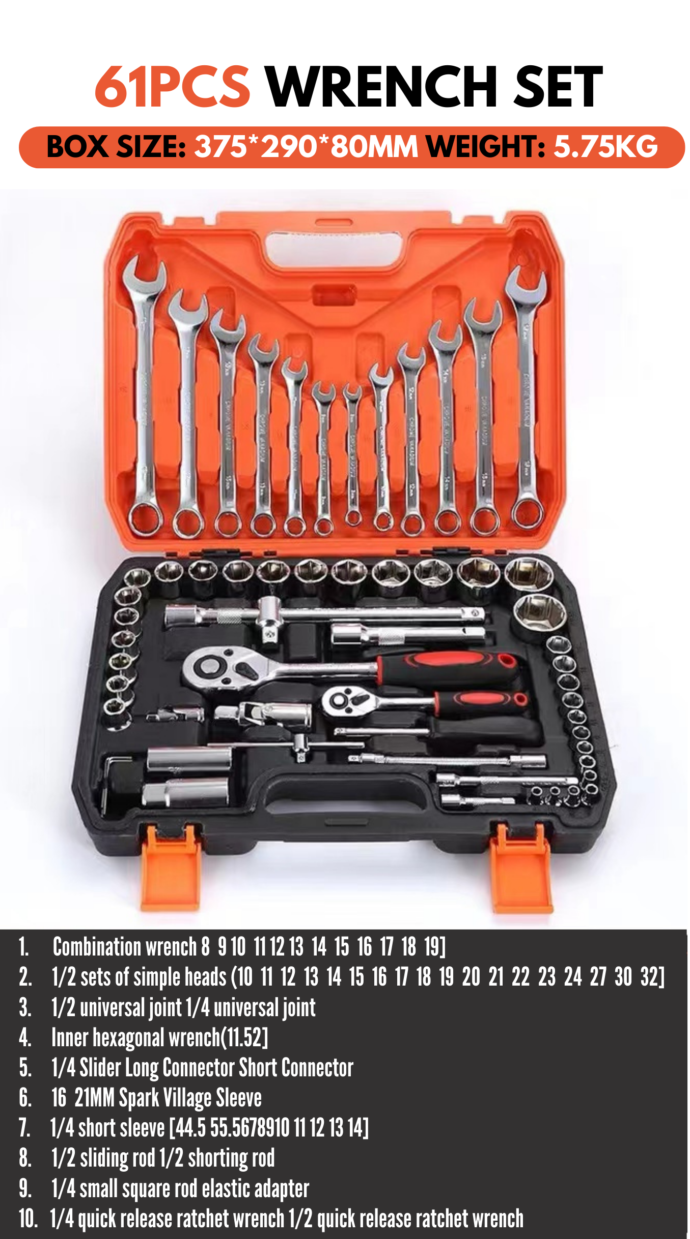 61pcs Combination Socket Wrench Ratchet Spanner Tools Set Box Power ...