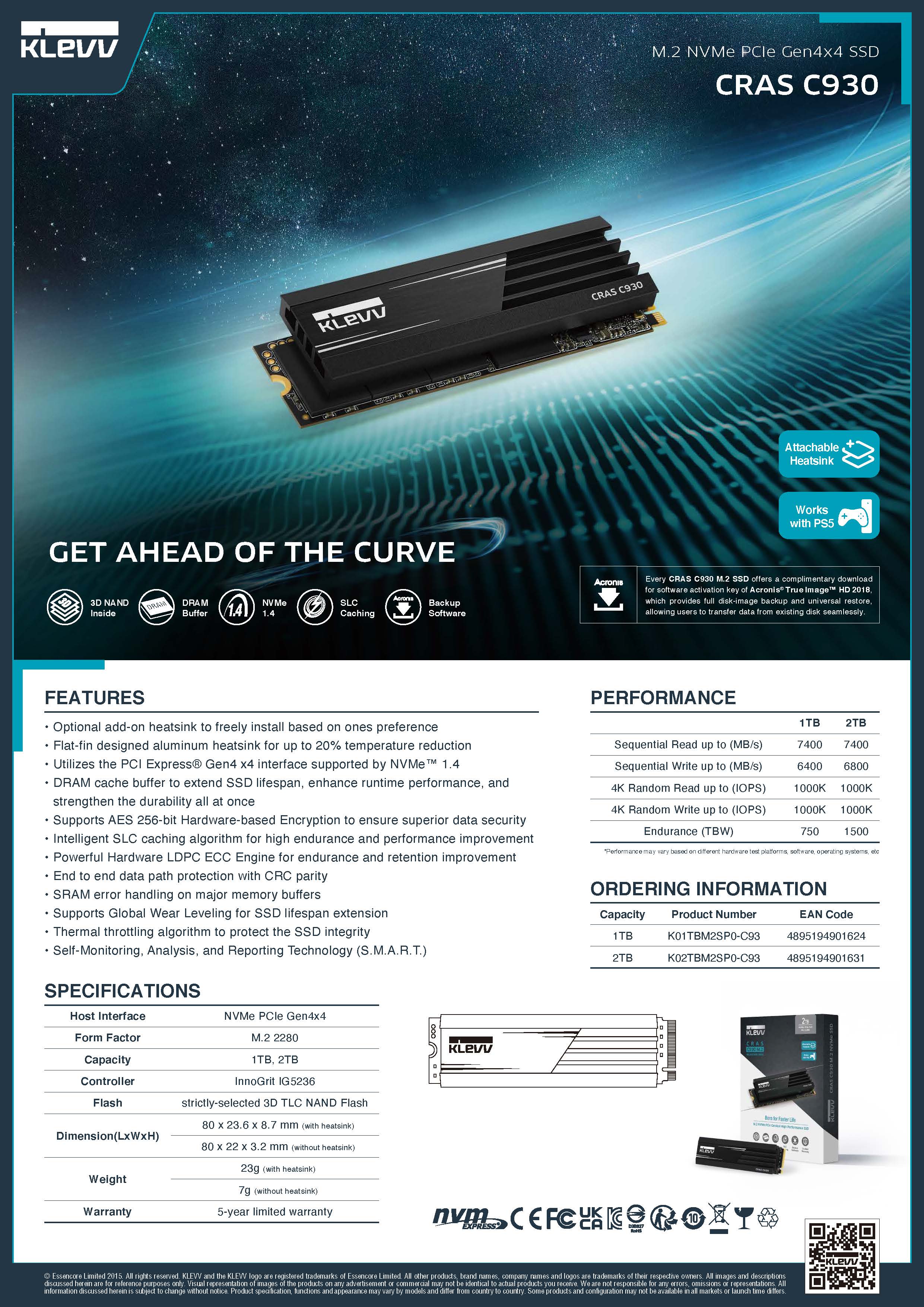 KLEVV C930 M.2 NVMe PCIe Gen4x4 SSD Solid State Drive with DRAM Cache ...