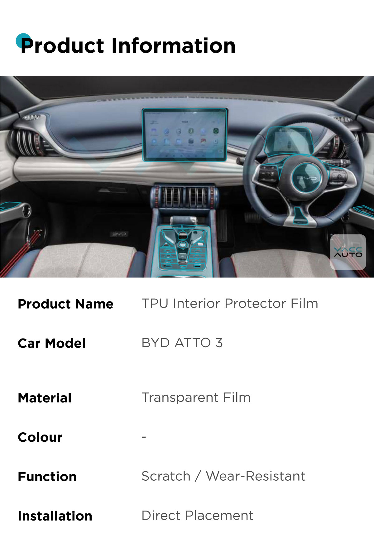 VACC AUTO Transparent TPU Interior Protector Film Scratch Resistant ...