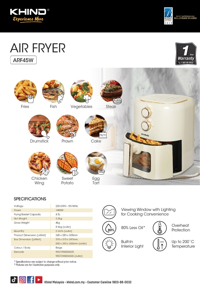 Khind Healthy Fry Air Fryer Oven Murah 4.5 / 7.2 Liter Fryers Oven ...