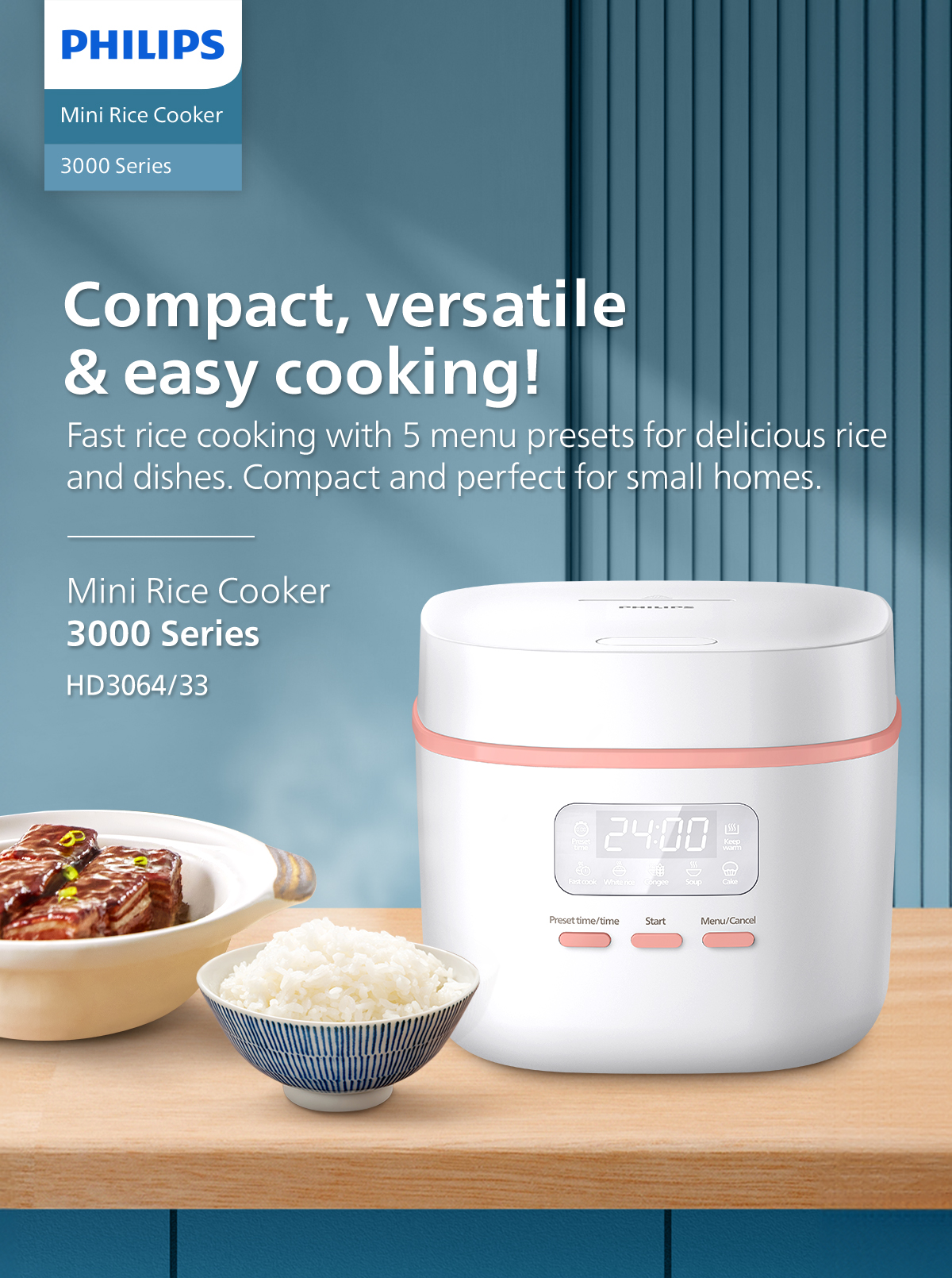 Philips 3000 Series Mini Rice Cooker - White (0.54L) HD3064/62/HD3064 ...