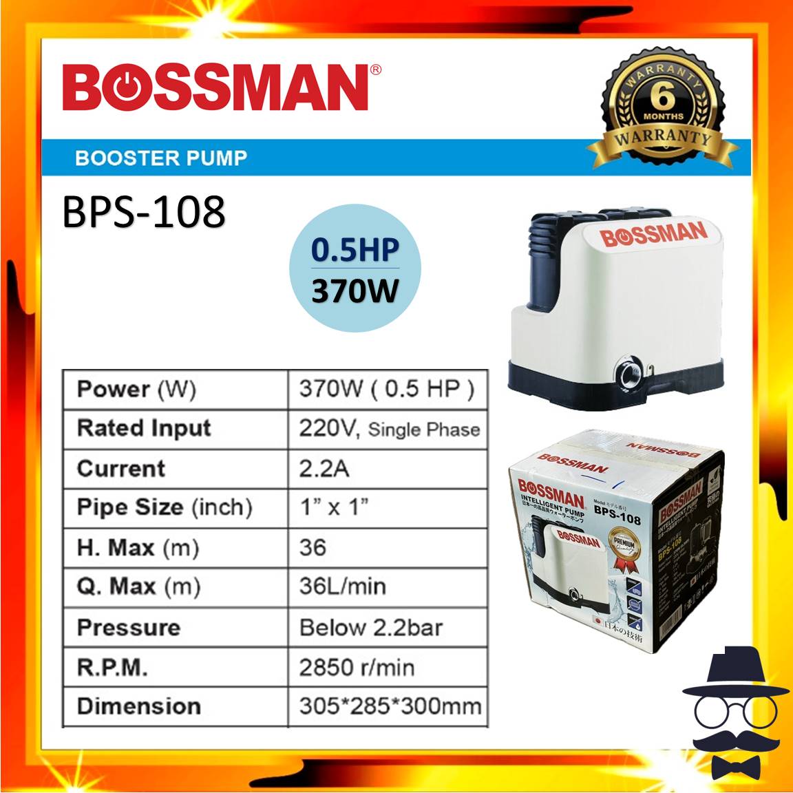 Bossman 0.5HP Automatic Self Priming Pump Water Pump BPS108 370W Max Silent Pump Suction Main ...