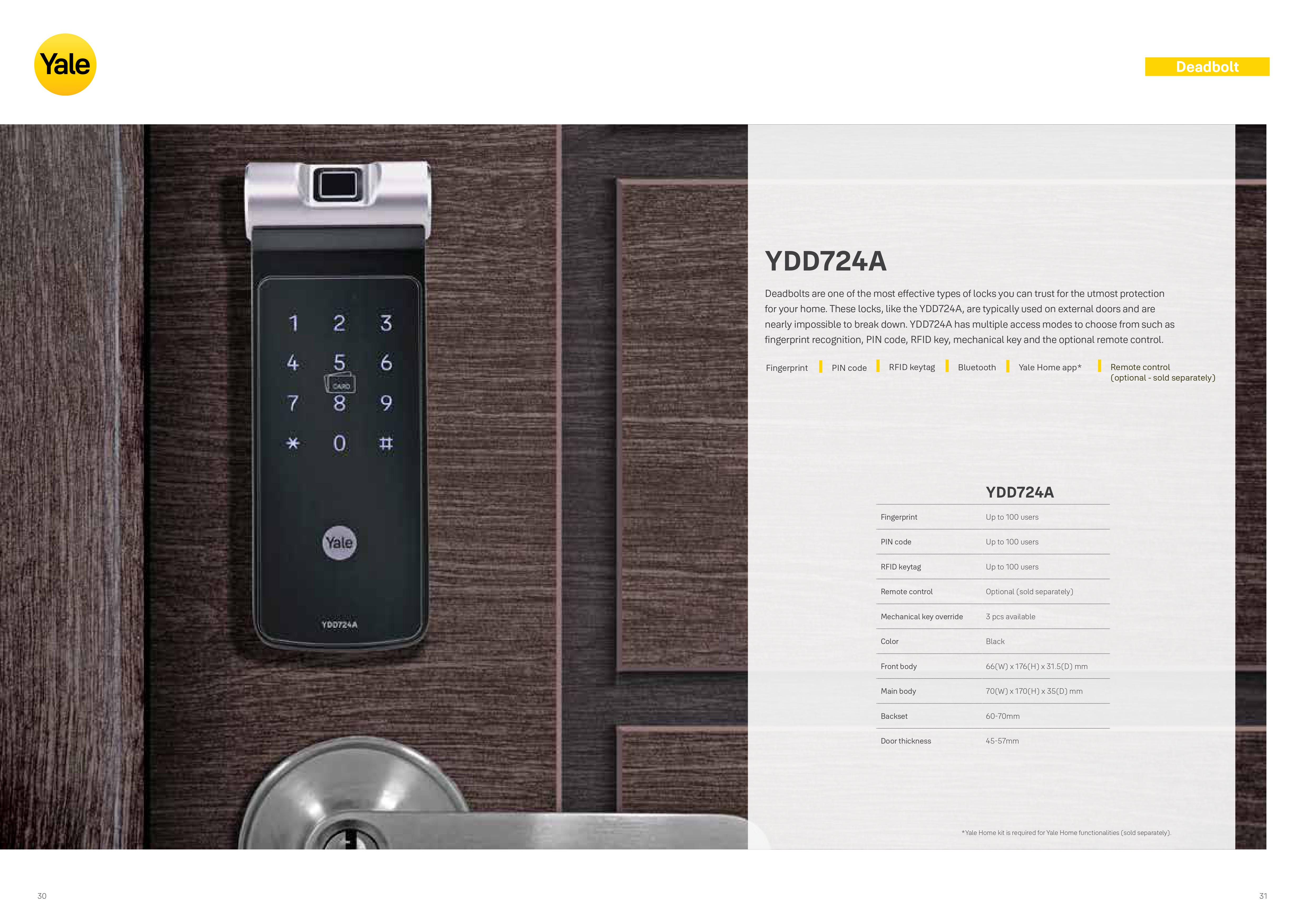Yale YDD724A Deadbolt Smart Door Lock - Fingerprint/ PIN Code/ RFID ...