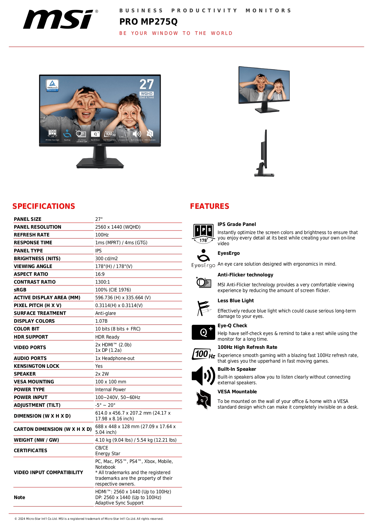 MSI PRO MP275Q 27" BUSINESS MONITOR WITH BUILT-IN SPEAKER ( 27" IPS ...