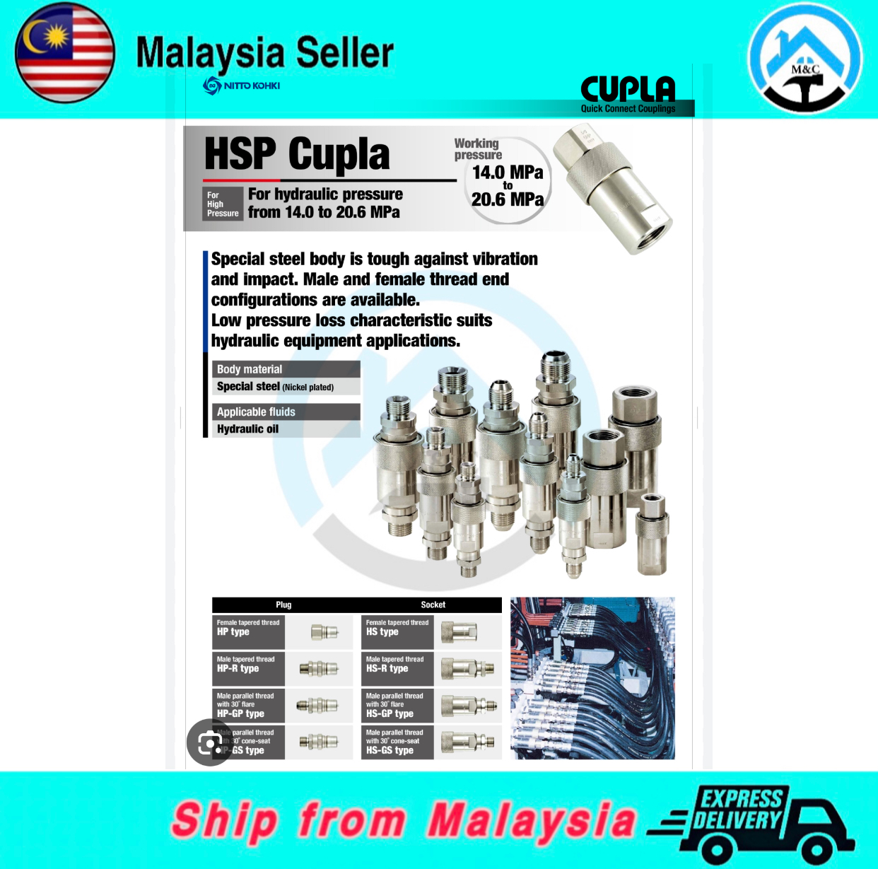Nitto Kohki HSP Hydraulic Coupler Plug (Female thread), Hydraulic Quick Release Coupling 2HP ...